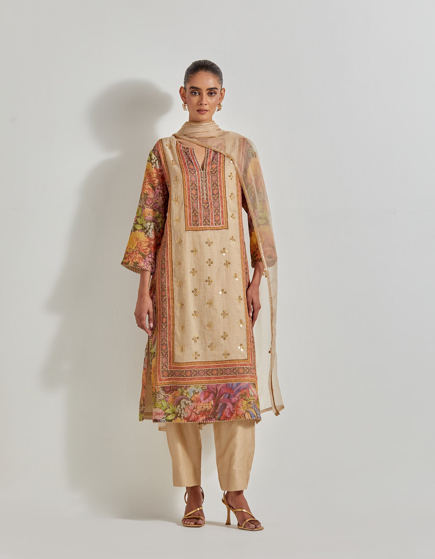 Beige Florika Printed And Hand Embellished Kurta Set – KavitaBhartia