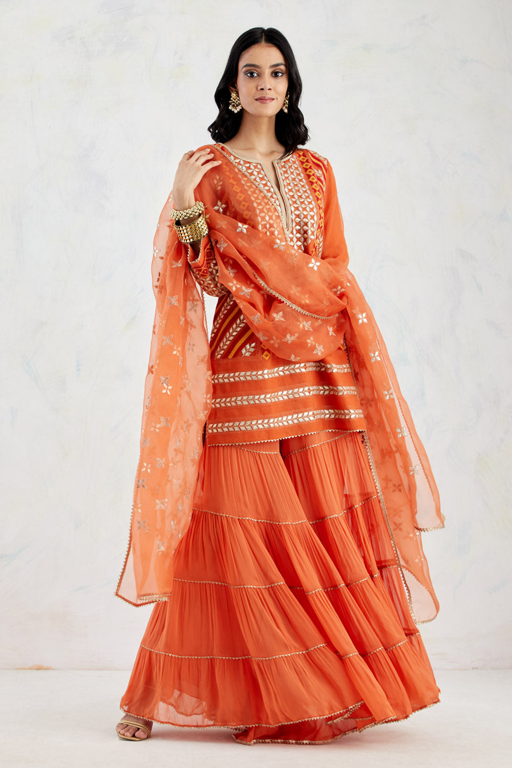 Rust Organza Silk Kurti And Dupatta Paired With Georgette Tiered Shara ...